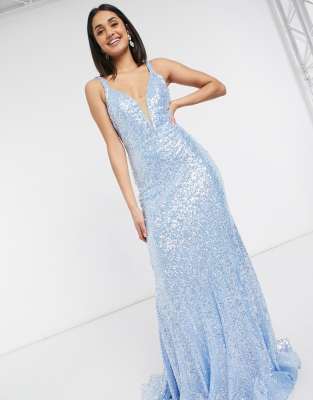 Jovani - Lyseblå maxikjole med dyb udskæring og paillet-udsmykning | ASOS