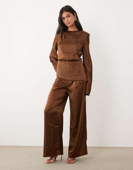 JW PEI satin asymmetric cape detail high neck top and pants slip skirt ...