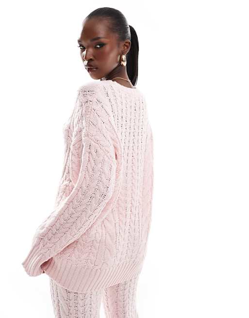 Kaiia cable knit longline oversized sweater in pink - part Kaiia cable knit longline oversized sweater in pink - part