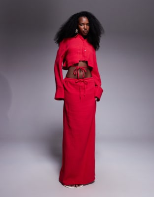 Kaiia - Ensemble en lin mélangé avec jupe longue et chemise courte et oversize nouée dans le dos ...