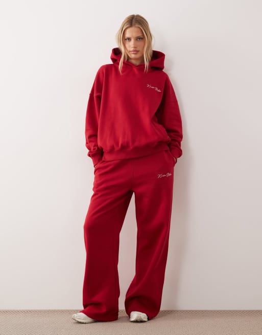 Kaiia Studio cotton rich embroidered logo wide leg sweatpants in red ...