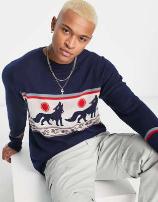 Kavu Highline jumper with wolf print in navy | ASOS