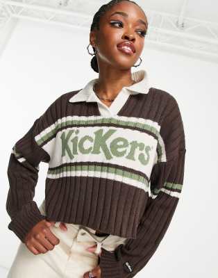 Kickers cropped contrast collar jumper in brown | ASOS