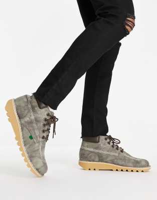Kickers kick hi roll boots in green leather | ASOS
