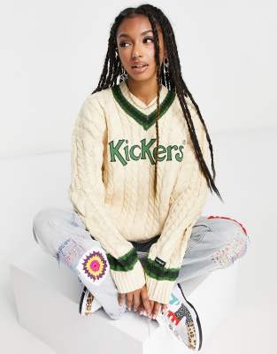 Kickers oversized vintage style knitted cricket jumper with contrast ...