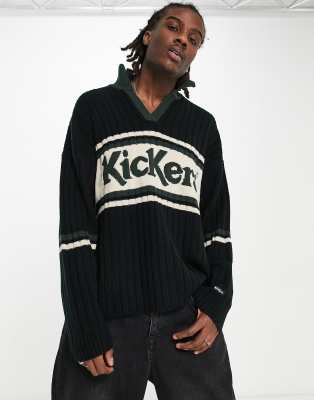 Kickers ribbed open collar sweater in forest green | ASOS