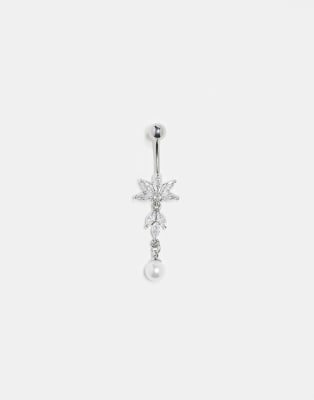Kingsley Ryan lotus flower and pearl belly bar in silver steel | ASOS