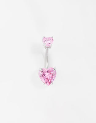 Kingsley Ryan stainless steel double pink crystal heart belly bar | ASOS