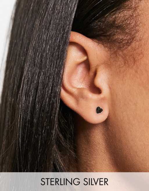 Kingsley Ryan sterling silver heart stud earrings with black stone | ASOS