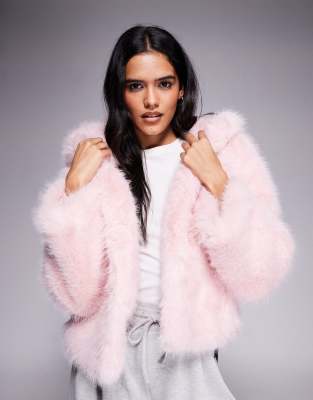 Kiwi & Co Faye faux fur hooded cropped jacket in pink | ASOS