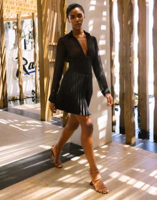 Labelrail x Eva Apio pleated corset mini shirt dress in black | ASOS