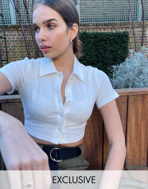 Labelrail x Hana Cross crop button front polo in wide rib | ASOS