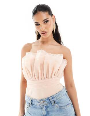 Lace & Beads bandeau tulle bodysuit in blush | ASOS