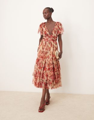 Lace & Beads - L'invitée - Madison - Robe mi-longue en tulle à col V et imprimé roses | ASOS