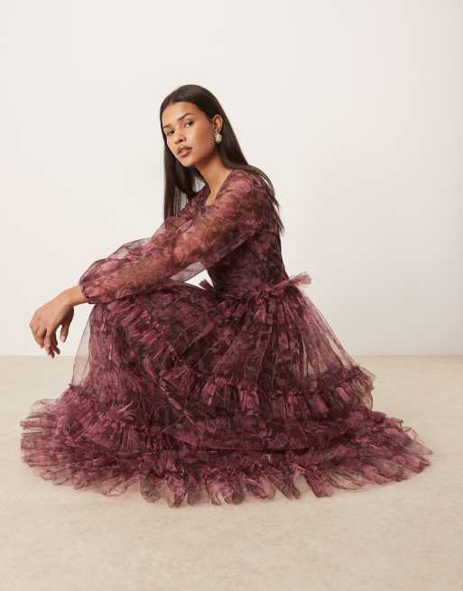 Lace & Beads long sleeve ruffle maxi dress in raspberry floral | ASOS