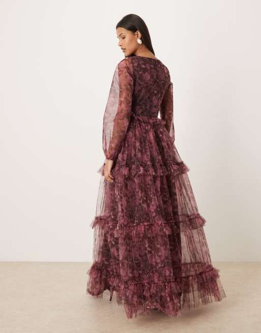 Lace & Beads long sleeve ruffle maxi dress in raspberry floral | ASOS
