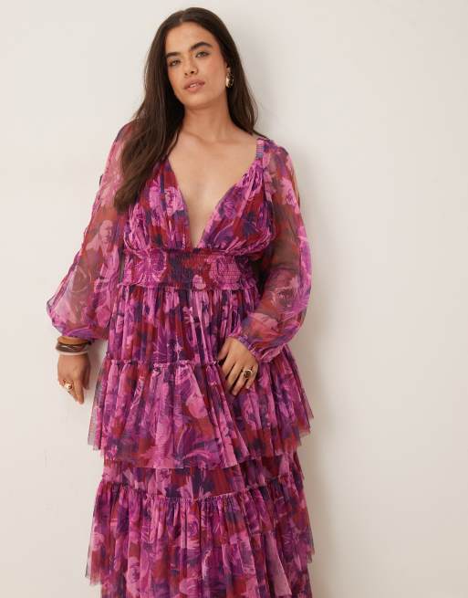 Lace & Beads Plus sheer sleeve tiered tulle maxi dress in fuchsia ...