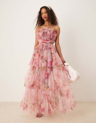 Lace & Beads - Robe bandeau longue en tulle imprimé fleuri - Rose vif | ASOS