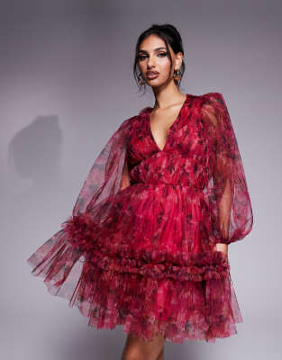 Lace & Beads - Robe courte en organza à fleurs avec manches ballon - Rouge et fuchsia | ASOS