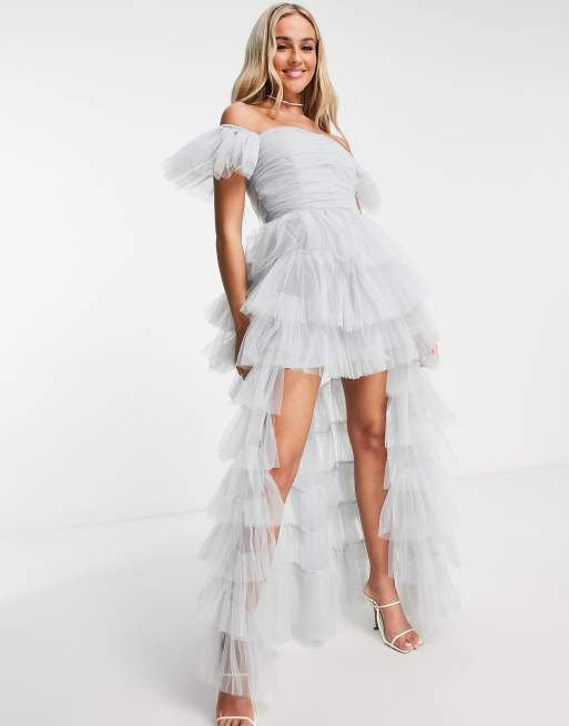 Lace & Beads ruffle shoulder high low maxi dress in grey | ASOS