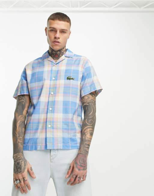 Lacoste Camicia A Maniche Corte Comoda Blu A Quadri Con Logo Sul