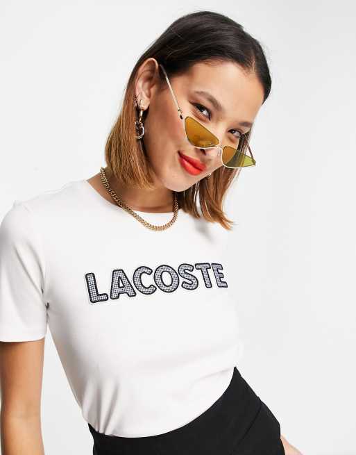 Lacoste text logo sleeve T-shirt in cream | ASOS