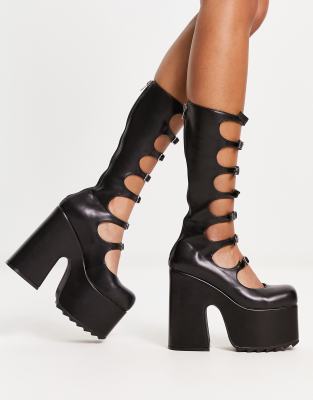 Lamoda platform high leg shoe with buckles in black Exclusive to ASOS ...