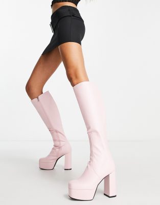 Lamoda Whatta Showdown knee high platform boots in pink | ASOS