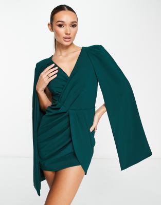 Lavish Alice cape sleeve detail mini dress in emerald green | ASOS