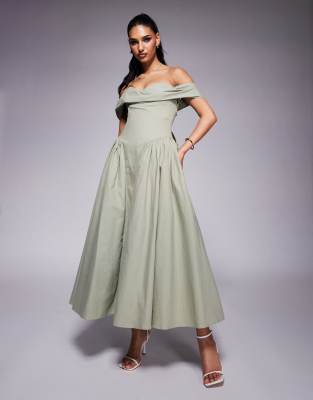 Lavish Alice off shoulder lace up cotton sundress in sage | ASOS