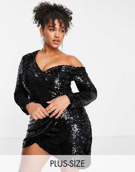 Lavish Alice Plus - Robe courte asymétrique en velours à sequins - Noir | ASOS