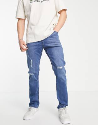 LDN Denim distressed straight leg jeans in mid wash blue | ASOS