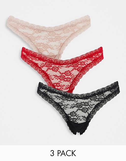 Lindex – Dana – 3er-Pack Spitzen-Tangas in Schwarz, Beige und Rot | ASOS Lindex – Dana – 3er-Pack Spitzen-Tangas in Schwarz, Beige und Rot | ASOS