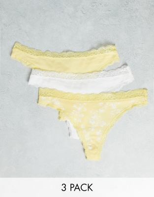 Lindex Exclusive Emelie cotton lace trim thong 3 pack in yellow floral ...
