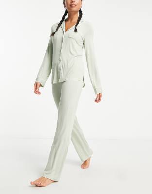 Lindex Exclusive super soft jersey revere pyjama set in sage green | ASOS