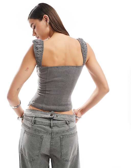 Lioness denim tie up corset top with lace trim in washed Lioness denim tie up corset top with lace trim in washed