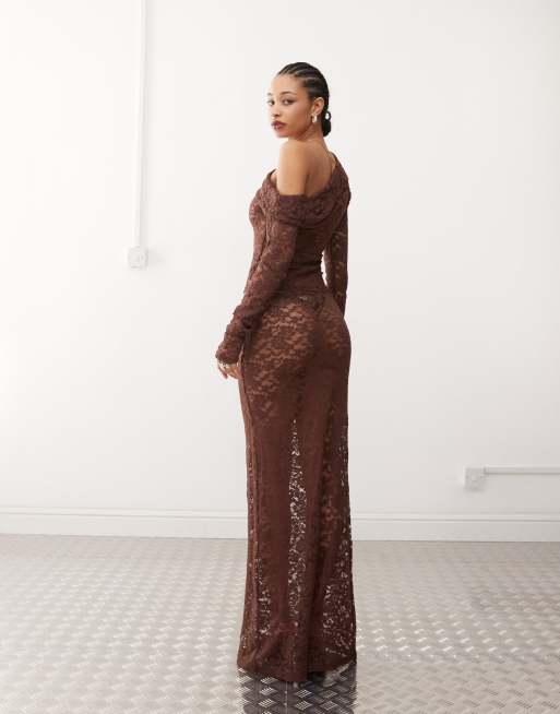 Lioness low waisted lace maxi skirt co ord in chocolate brown