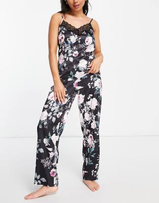 Lipsy Cami And Pants Satin Pajama Set In Black Floral Print Multi Modesens