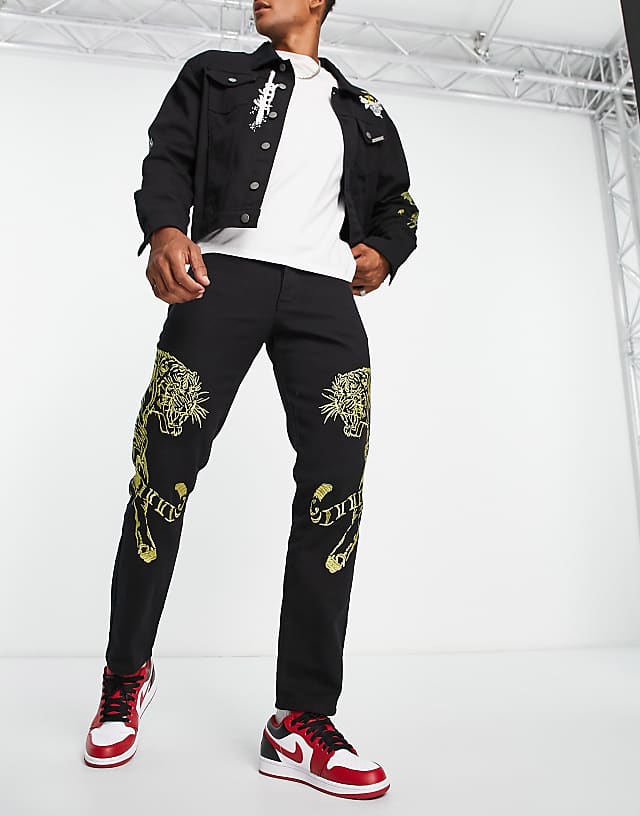 Liquor N Poker - Denim jeans met rechte pijpen en geborduurde tijger in ... Liquor N Poker - Denim jeans met rechte pijpen en geborduurde tijger in ...