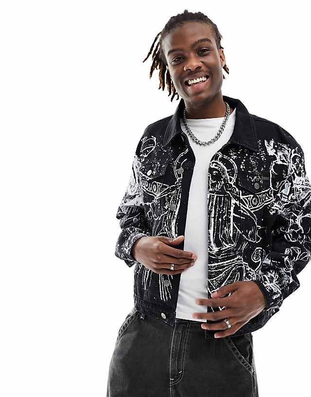 Liquor N Poker - Oversized denim jack met Renaissance print in zwart ... Liquor N Poker - Oversized denim jack met Renaissance print in zwart ...