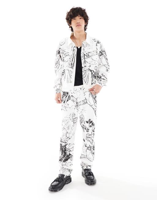 Liquor N Poker oversized denim jacket with Renaissance print in white ...