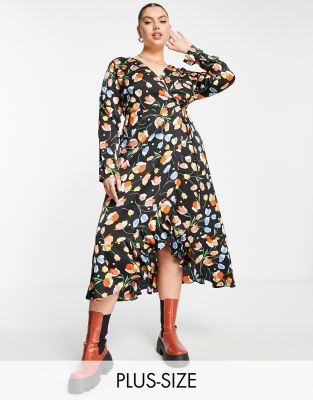 Liquorish Plus - Midi-jurk met overslag en ruches in zwart met bloemenprint | ASOS