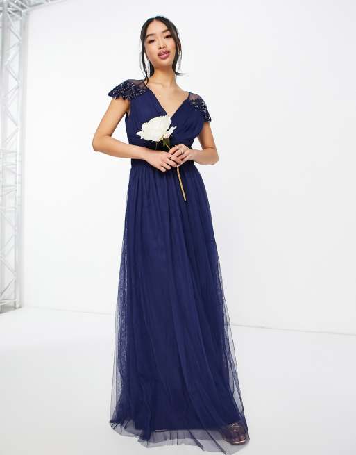 Little Mistress - Bruidsmeisjes - Jurk met fladdermouwen in marineblauw | ASOS