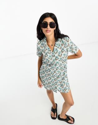 Lola May Camp Collar Shirt Dress In Green Floral Print | ModeSens