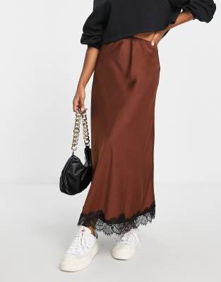 Lola May midaxi skirt with lace trim in brown | ASOS
