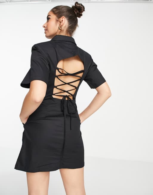 Lola May - Robe chemise courte à dos ouvert et lanières - Noir | ASOS