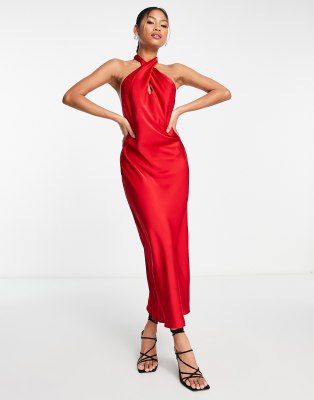 Lola May - Robe mi-longue en satin à dos nu et encolure croisée - Rouge | ASOS
