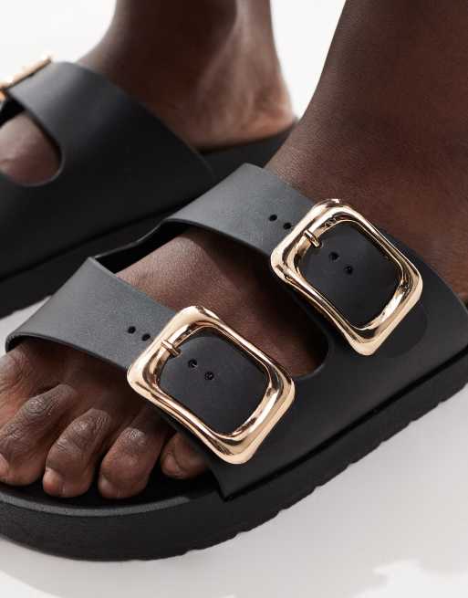London Rebel Andi Wide Fit buckle sandals in black | ASOS