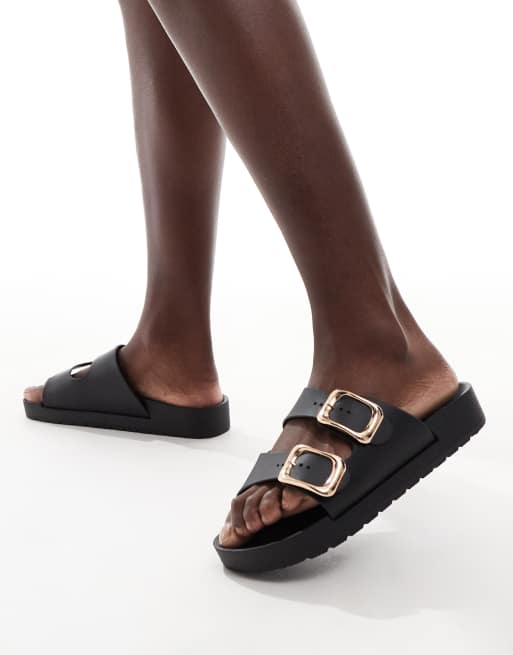 London Rebel Andi Wide Fit buckle sandals in black | ASOS