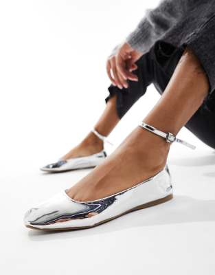 London Rebel ankle strap ballet shoes in silver | ASOS